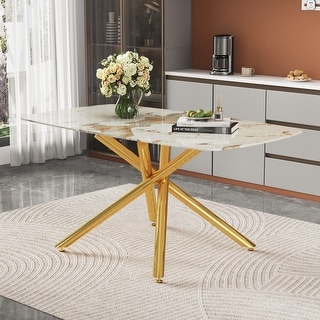 63"x 35.4" Luxurious White Marble-Patterned Tempered Glass Dining Table ...