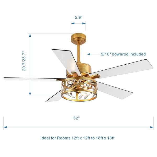 52" 5-Blade Vintage Gold Ceiling Fans with Crystal Light Remote Control ...