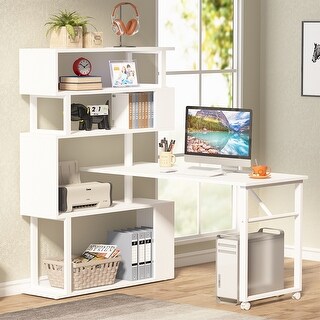 Rotating Computer Desk with Storage Bookshelf Reversible L Shaped Desk ...