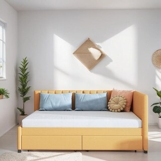 Full Size Linen Upholstered Daybed with 2 Storage Drawers, Sofa Bed ...