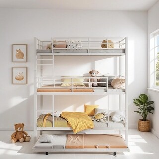 Twin Size Triple Bunk Bed With Pull Handle Trundle, Metal Bed with ...
