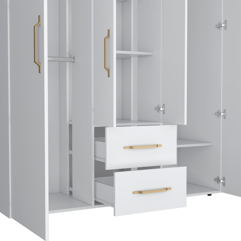 Large Versatile Storage Wardrobe with Drawer and Shelves Rectangle 4 Doors Armoires with Shoe Cabinet Clothing Rods White
