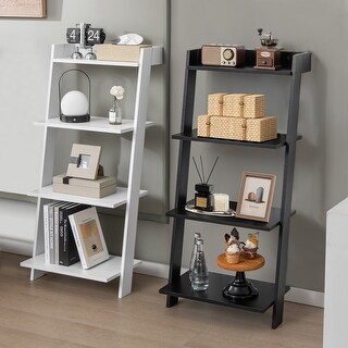 4Tier Ladder Shelf Leaning Bookshelf Anti-falling Baffle Wood Bookcase ...