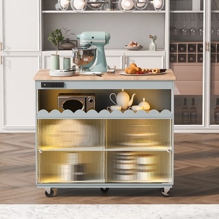 Kitchen Island LED Light Cart with Wheels, Power Outlets, 2 Sliding ...