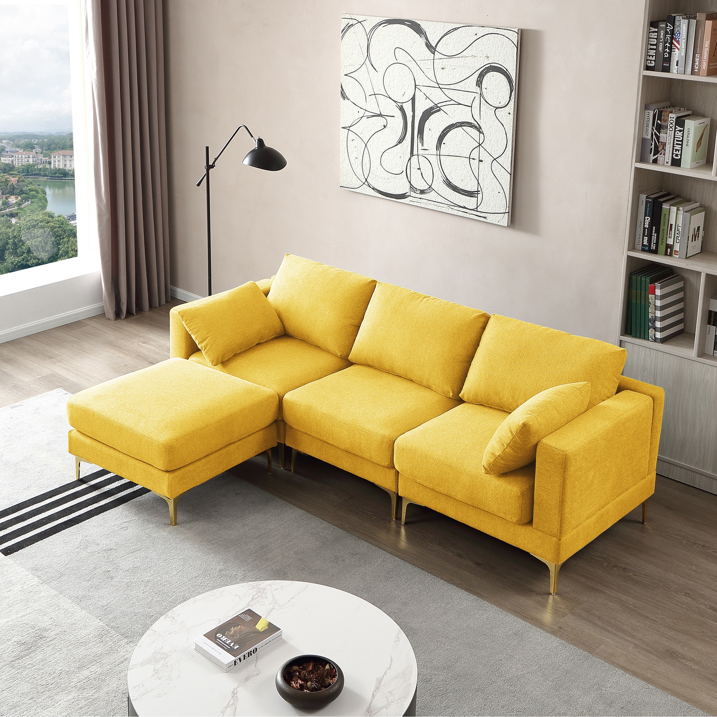 L Shape 3 Seat Fabric Sofa Set with Ottoman for Living Room Yellow