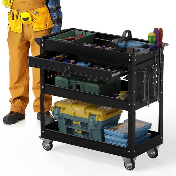 3-Tier Rolling Tool Cart on Wheels for Mechanics with Utility Drawer ...