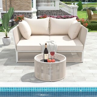 Outdoor Chaise Lounger Loveseat Daybed Set with Tempered Glass Table ...