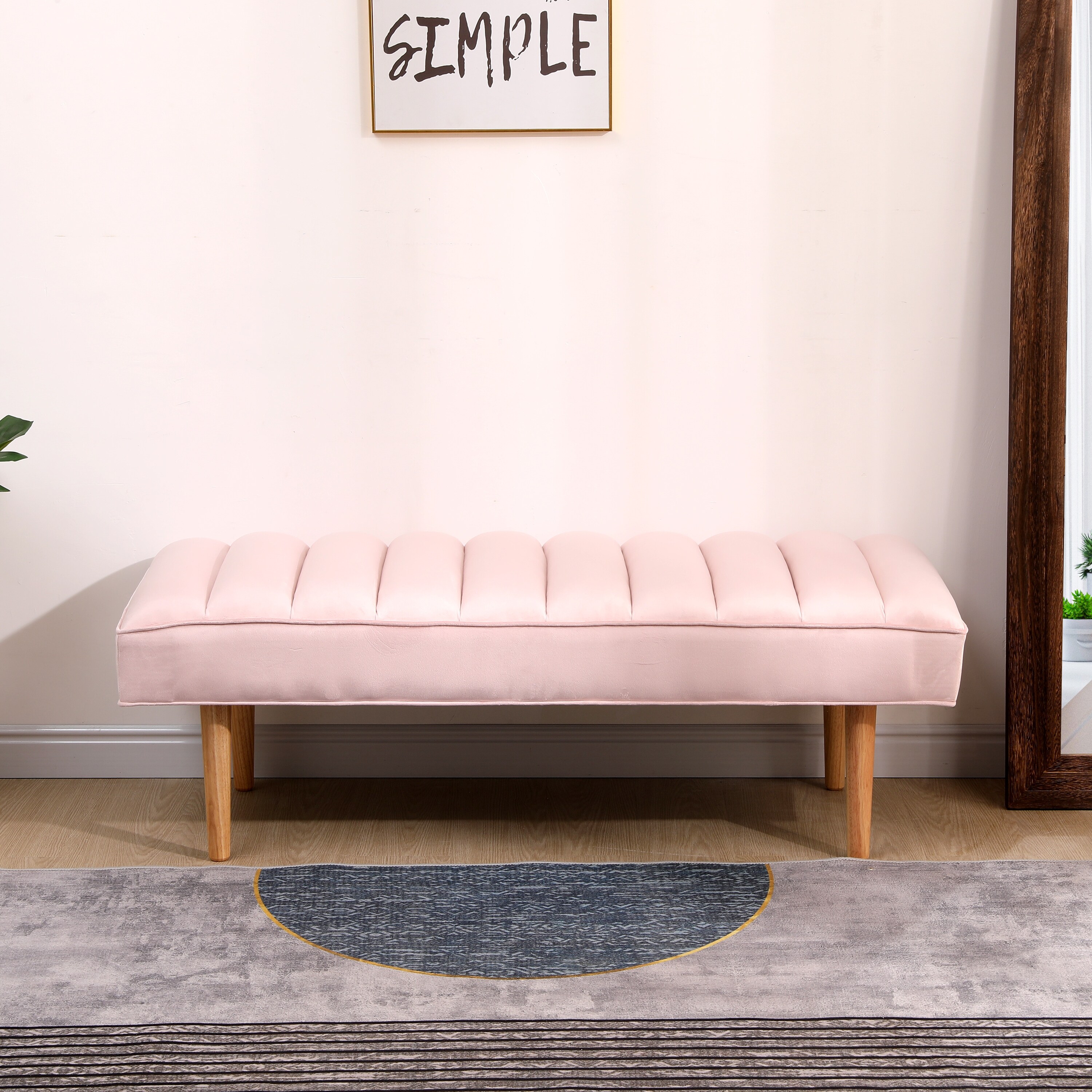 Pink Velvet Upholstered Bench Channel Tufted Bedroom Ottoman with Wood Legs Home Furniture Pink Bed Bath Beyond 39873874