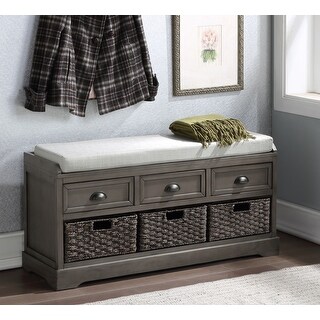 Soft Cushion Storage Bench with 3 Drawer and 3 Woven Basket Gray - Bed ...