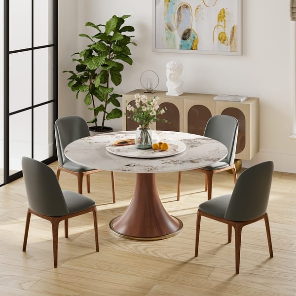 Modern Farmhouse Round Dining Table with Lazy Susan，Glossy Sintered Stone Tabletop ,Walnut Solid ...
