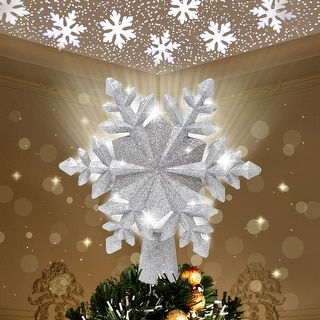 Lighted Silver Glitter Snowflake Tree Topper with Rotating Magic ...