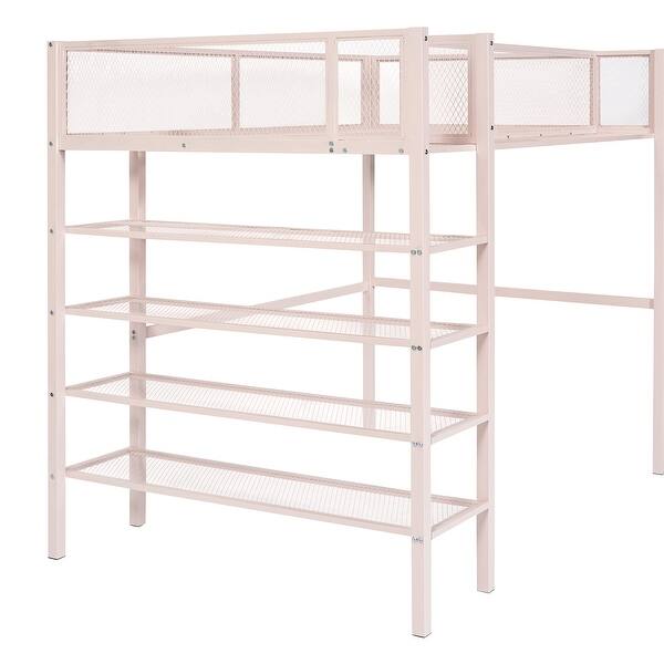 Twin Size Metal Frame Loft Bed with 4-Tier Storage Shelves and Full ...