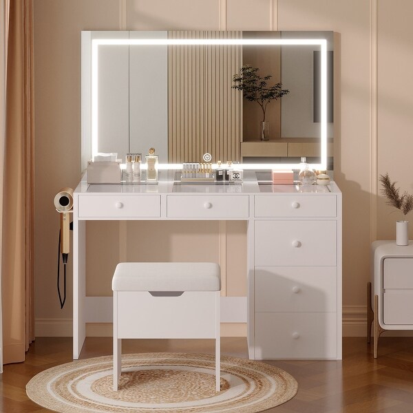 Javlergo Vanity Desk Set with LED Lighted Mirror & Power Javlergo Vanity Desk Set with LED Lighted Mirror & Power