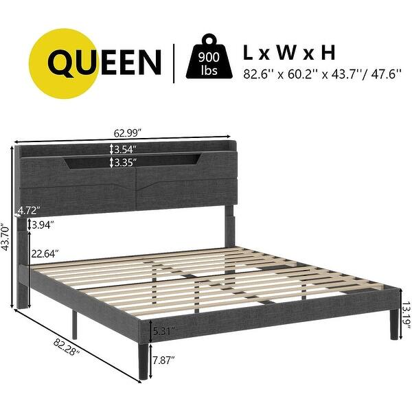 Gyfimoie Upholstered Queen Bed Frame with Adjustable Storage Headboard ...