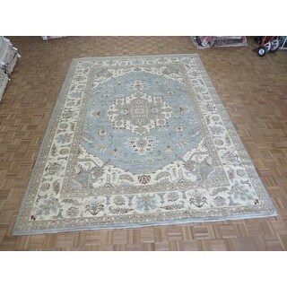 Hand Knotted Sky Blue Peshawar with Wool Oriental Rug (10'2" x 13'7 ...