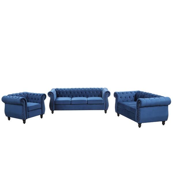 Modern 3 Piece Sofa Set With Solid Wood Legs Button Down Tufted Backrest Dutch Velvet