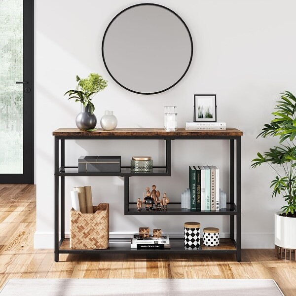 Entryway Table 4 Tier Console Table with Storage Shelves Brown