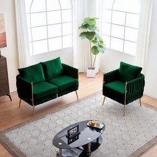 Handmade Bucket Woven Velvet Sofa Set,1 Accent Chair&1 Loveseat,Green ...