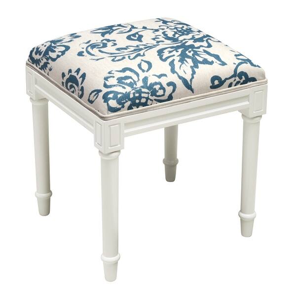 Navy Blue Painterly Toile Vanity Stool with White Frame - Bed Bath ...