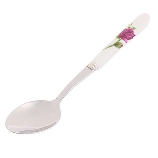Rose Pattern Ceramic Handle Dinner Soup Serving Spoon - Silver Tone ...