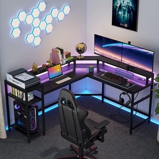L-Shaped Corner Gaming Desk with Power Outlets and LED Strips - Bed ...