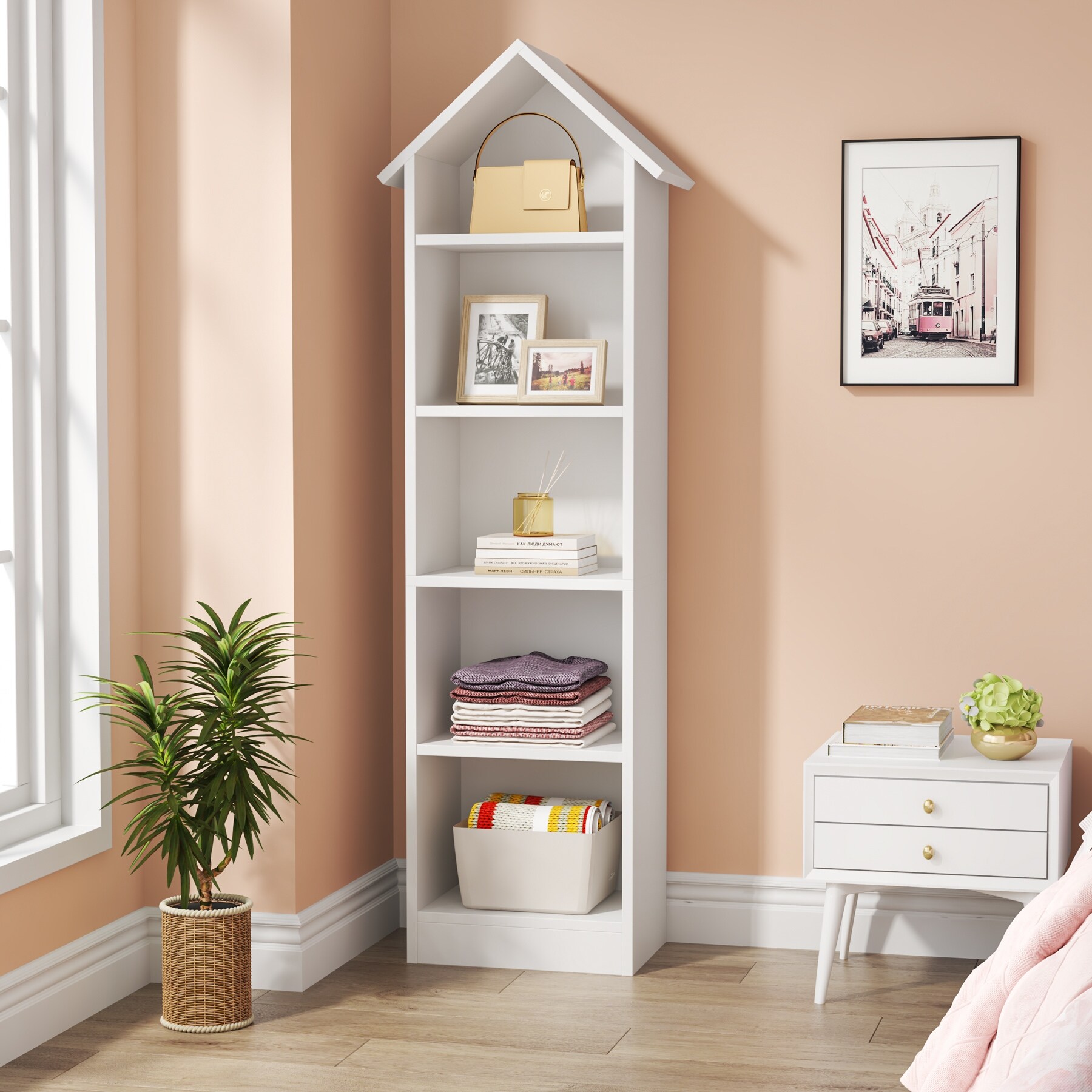 66 Inch White Tall Narrow Bookshelf for Small Spaces 5 tier Modern Freestanding Cube Bookcase Bed Bath Beyond 37432963