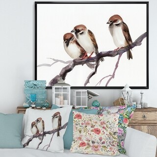 Designart "Three Sparrows On A Branch" Traditional Framed Canvas Wall ...