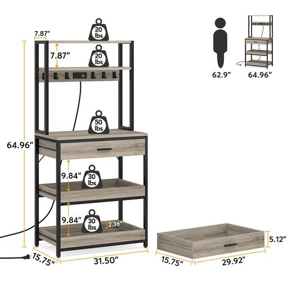 5-Tier Bakers Rack with Power Outlets for Kitchen with Storage Shelves ...