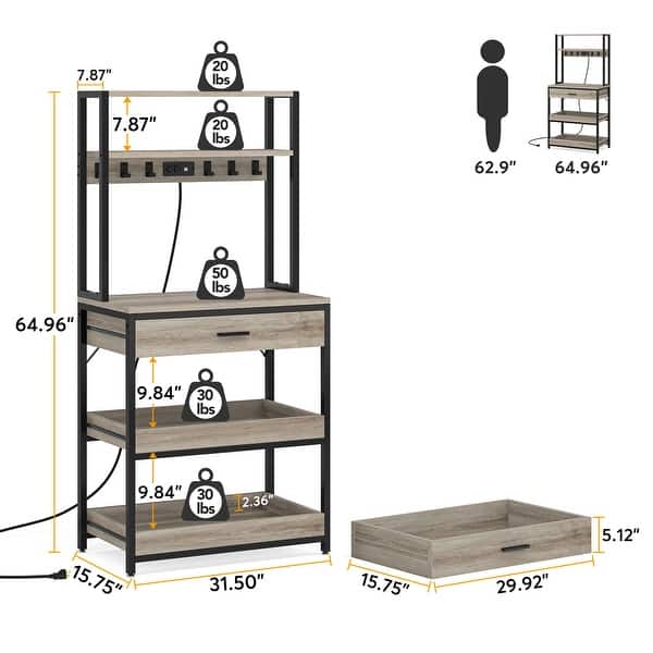 5-Tier Kitchen Bakers Rack with 4 Power & USB Outlets, Microwave Stand ...