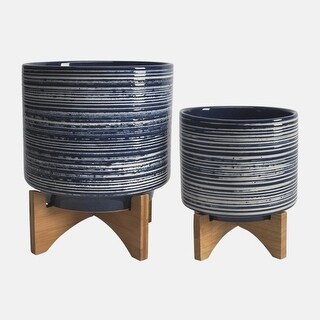 Ceramic Striped Planters on Stand - 12" - Blue and White - Set of 2 ...