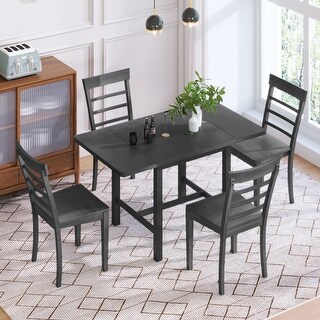 5-Piece Wood Extendable Drop Leaf Dining Table Set with 4 Chairs - Bed ...