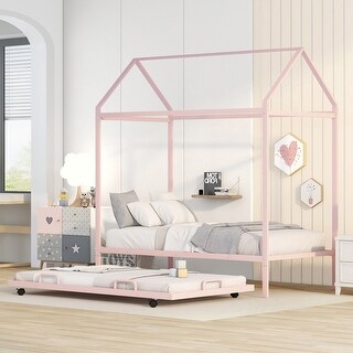 Pink Twin SizeMetal Kids House Bed with Handy Trundle - Bed Bath ...