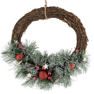 Red Ornaments, Pine Needle & Stars Frosted Christmas Wreath, 13.75 ...