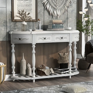 Antique White Classic Style Curved Console Table with 4 Drawers and 1 ...