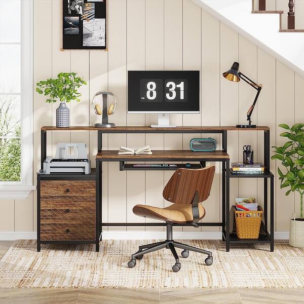 Computer Desk with 3 Drawers, 63" Home Office Desk with Monitor Shelf ...