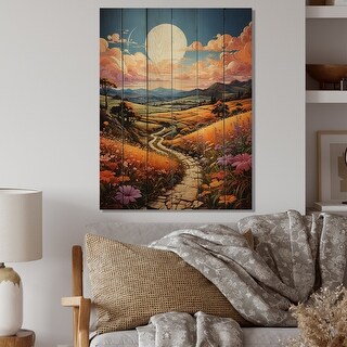 Designart "Farm Summer Fauvist Field III" Farm Print on Natural Pine ...