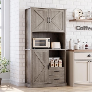 Pantry Cabinet with 2 Drawers and Open Shelves, Tall Freestanding - Bed ...