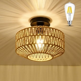 Mini Rattan Flush Mount Light with Dimmable LED Bulb - Bed Bath ...