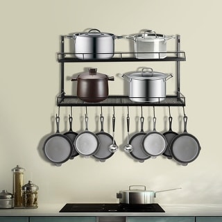 Kitchen Wall Mounted 2 Tiers Pot Pan Rack with 10 Hooks - Bed Bath ...