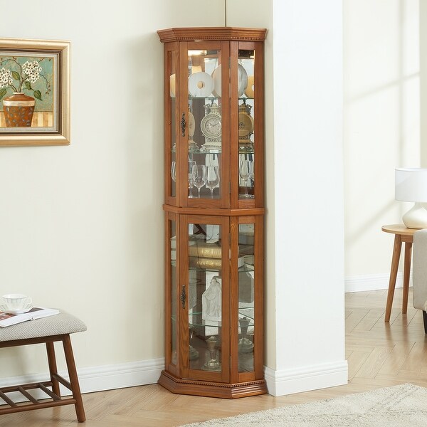 Cherry Oak Corner Display Cabinet with Glass Doors Light Anti Tipping Device for Home Storage