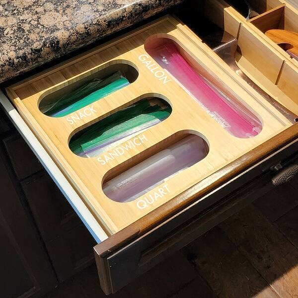Luxe Bamboo Kitchen Drawer Zip Food Storage Bag Organizer - Baggie ...