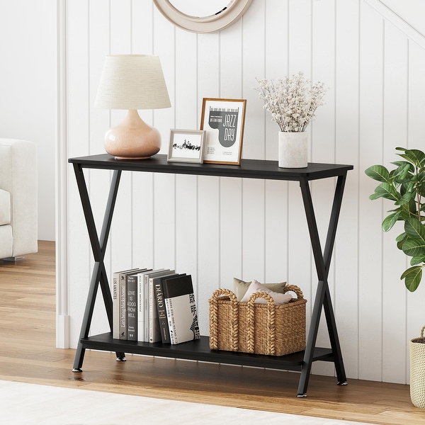 Farmhouse Console Table Barn Style with Shelf and Metal Frame On Sale Bed Bath Beyond 38914316