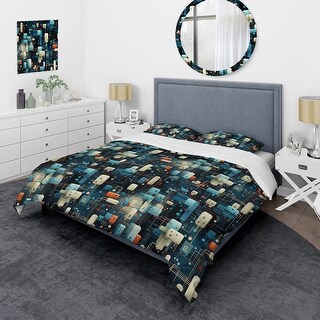 Designart "Blue Metropolis Matrix Pattern II" White Modern Bed Cover ...