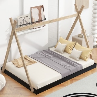 Natural Modern Simple Full Size Wood Tent Floor Bed w/ Triangle ...