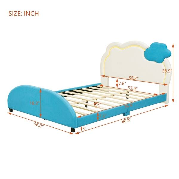Curve Blue Cloud Wingback Bed Embedded Light Strip Headboard Full Size ...