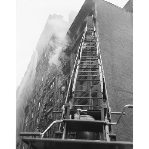 Fire Engine With Ladder Up Burning Building Poster Print (18 X 24 ...