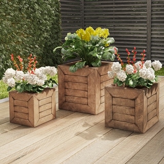 Set of 3 Fiber Clay Planters Panel Wood Look by Pure Garden – Square ...