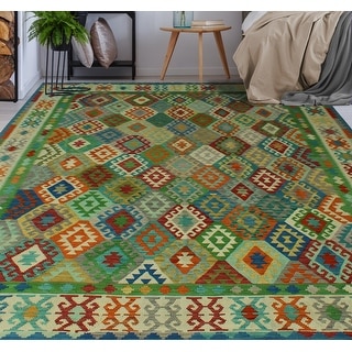 Hand-Woven Sangat Kilim Fakhri Blue/Green Rug - 8'11" x 11'1" - Bed ...