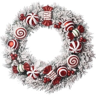 Flocked and Candy Christmas Wreath with Snowy Greenery, White 24-Inch ...