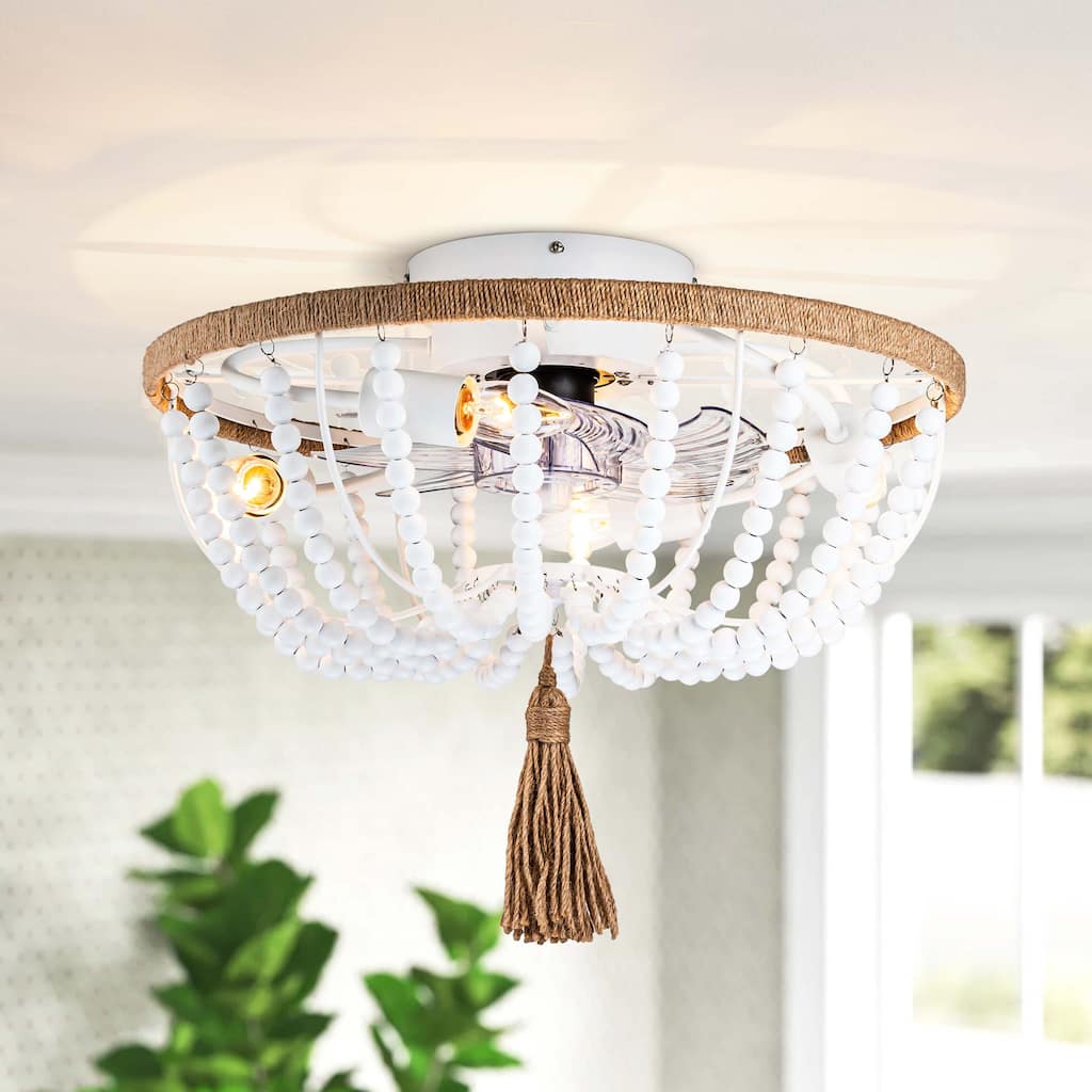 21-inch Bohemian Wooden Beaded Farmhouse 4-Light 7-Blade Ceiling Fan ...